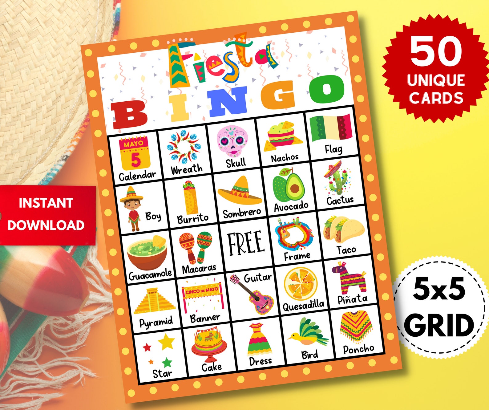 Printable Fiesta Bingo Game, 50 Unique Bingo Cards W/labels, Cinco De ...