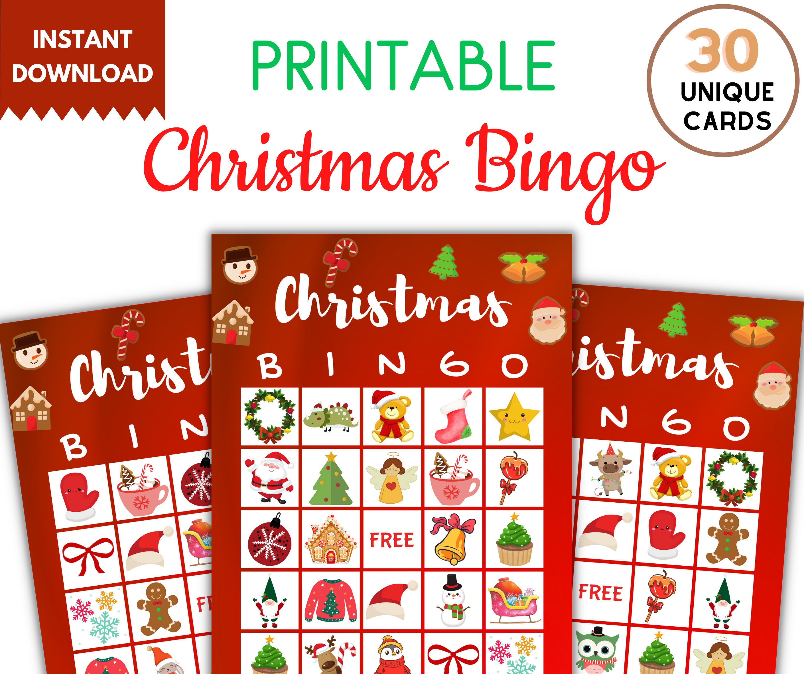 Printable Christmas Bingo 30 Unique Bingo Cards Christmas - Etsy