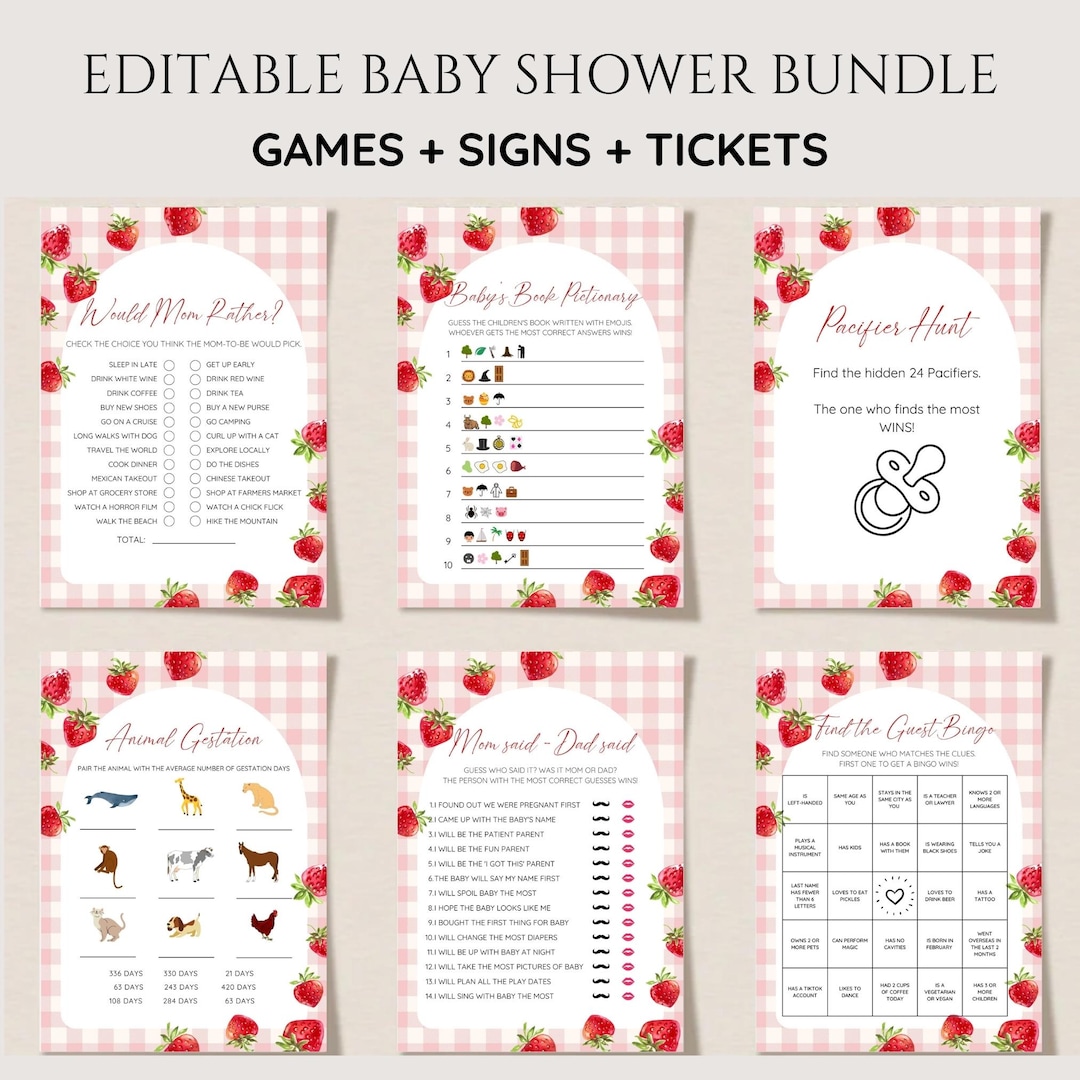 Strawberry Baby Shower Game Bundle, Pink Gingham, Berry Sweet Baby ...