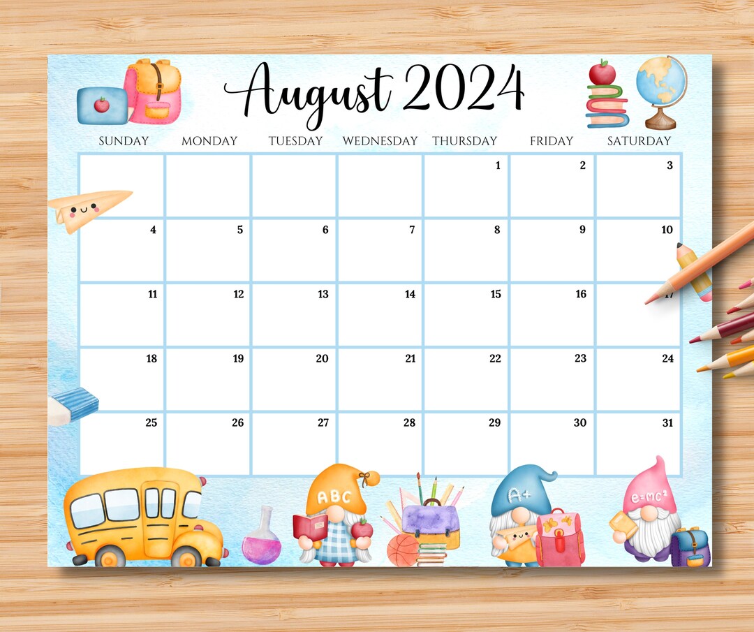 Buy EDITABLE August 2024 Calendar, Back to School Planner W/cute Gnomes ...