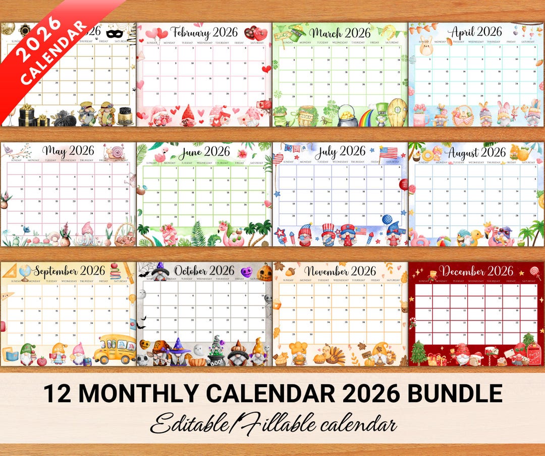 Editable Gnome 2026 Calendar | Cute Monthly Planner PDF | Printable ...