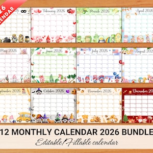 Editable Gnome 2026 Calendar | Cute Monthly Planner PDF | Printable ...