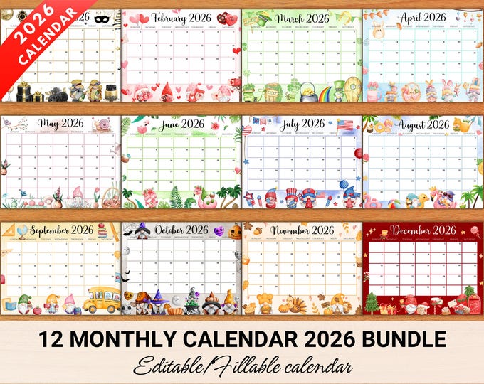 Calendario mensual editable 2026, bonito planificador imprimible 2026 ...