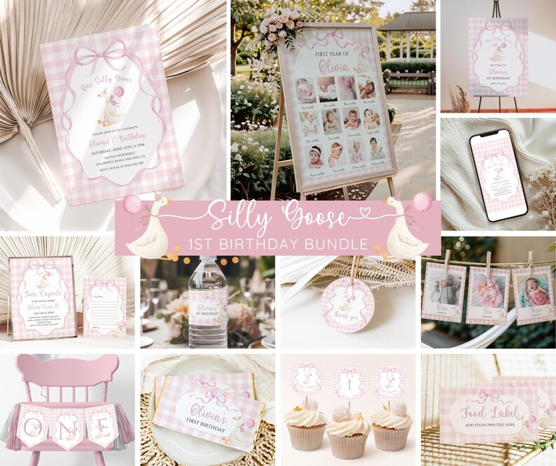 One Silly Goose Birthday Bundle, Pink Bow Goose 1st Birthday Invitation ...