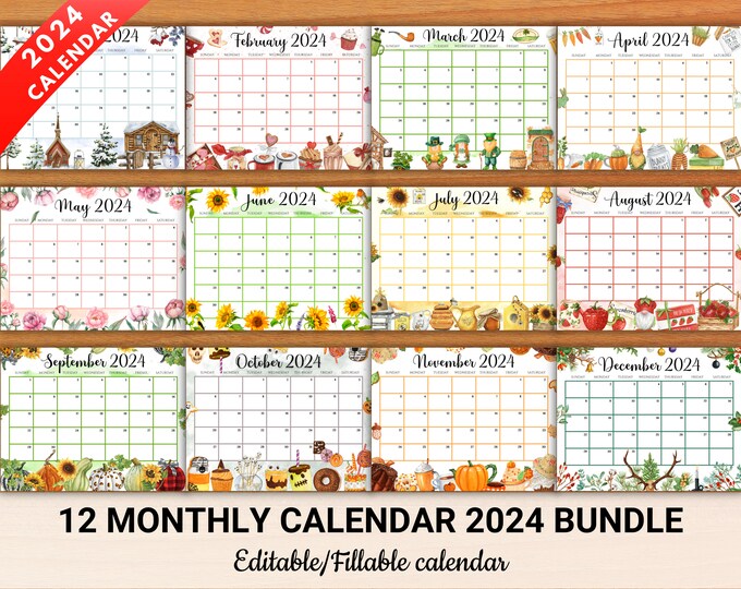 Paquete de calendario mensual EDITABLE 2024, lindo planificador mensual ...