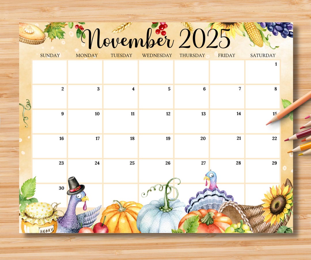 EDITABLE November 2025 Calendar, Happy Thanksgiving Planner W/ Turkey ...