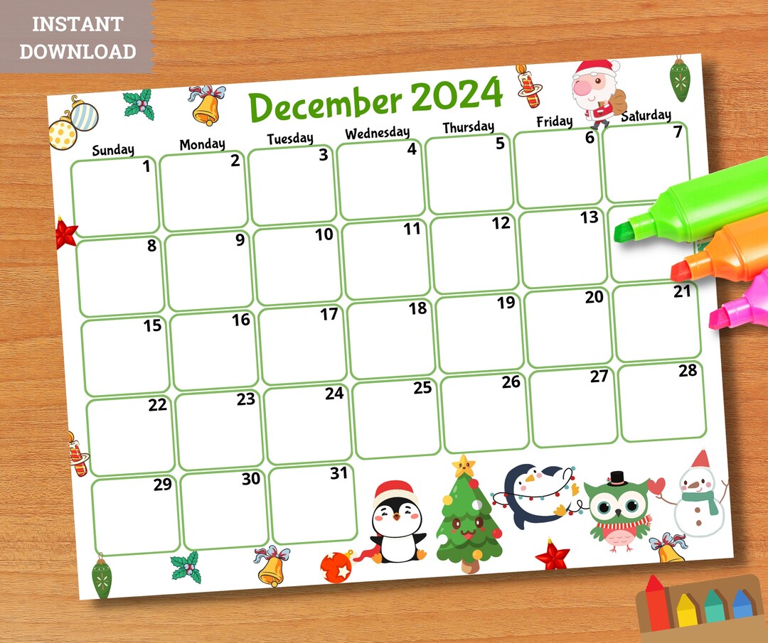EDITABLE December 2024 Calendar, Printable Kids Calendar 2024 ...