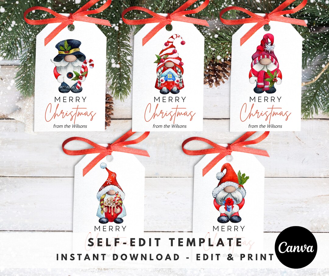 EDITABLE Christmas Gift Tag, Holiday Gift Tag Template With Cute Gnomes ...