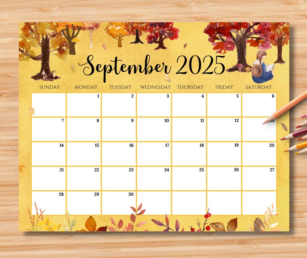 EDITABLE September 2025 Calendar, Beautiful Fall With Red & Yellow ...