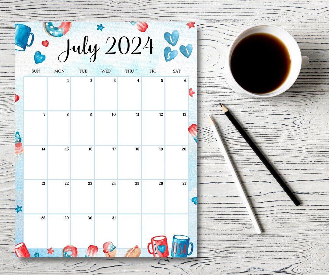 EDITABLE July 2024 Calendar vertical / Portrait, Watercolor ...