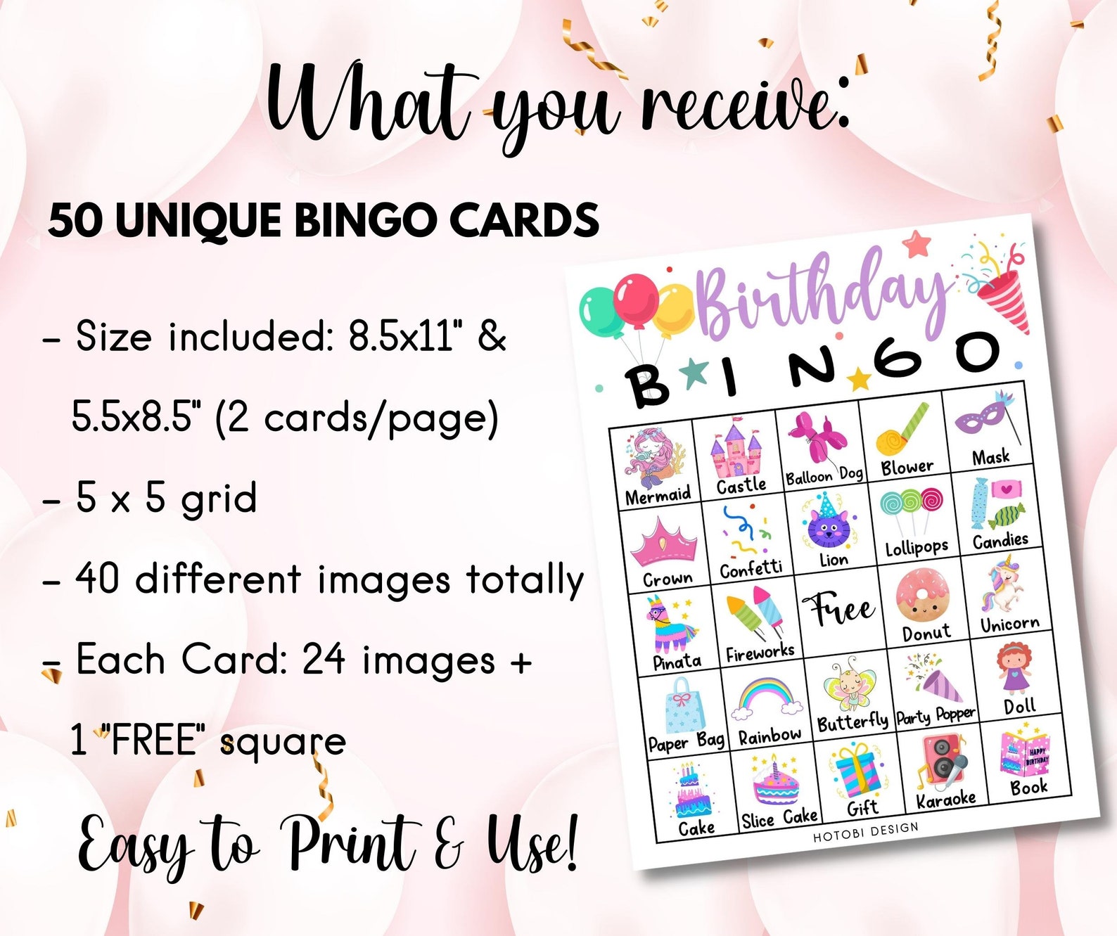 Printable Birthday Bingo Game (girl), 50 Unique Bingo Cards W/labels ...