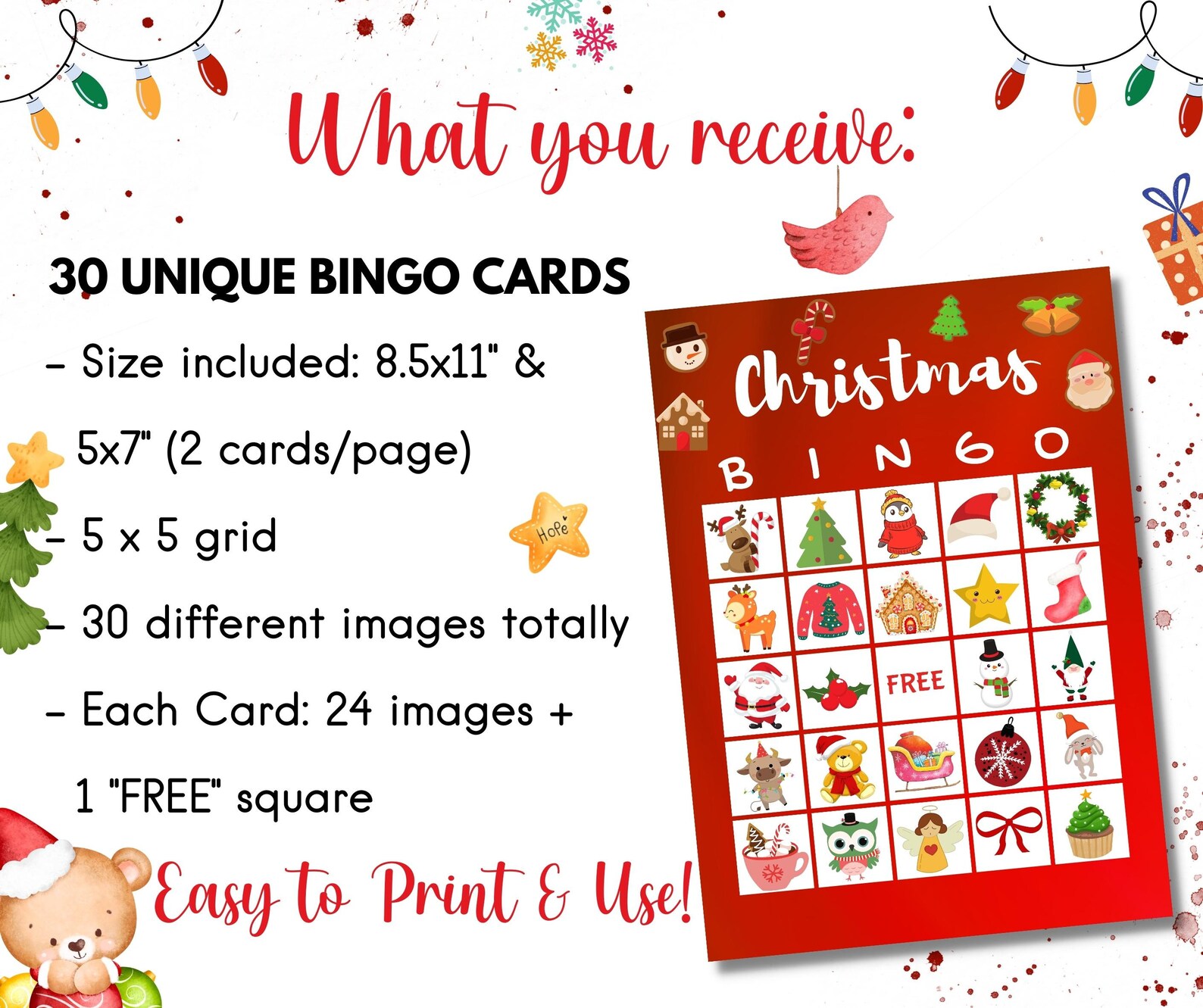 Printable Christmas Bingo, 30 Unique Bingo Cards, Christmas Activity ...