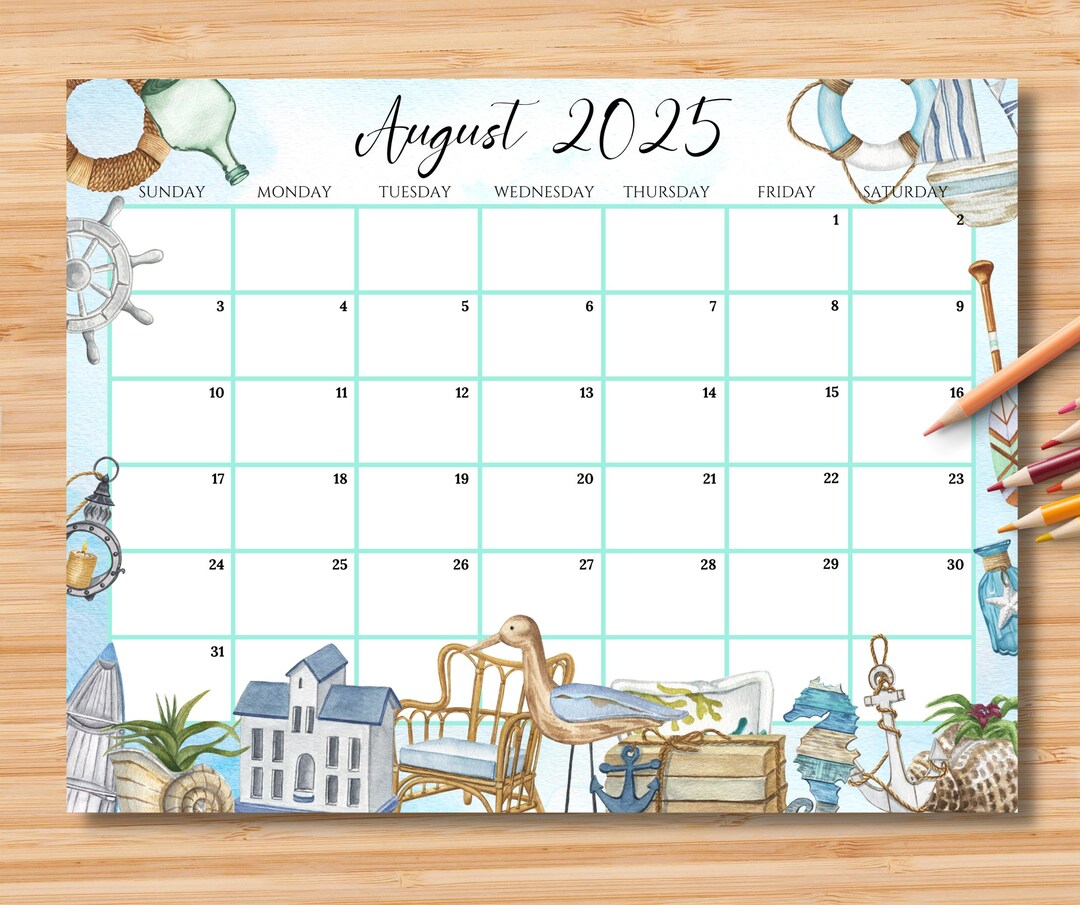 EDITABLE August 2025 Calendar, Cute Summer Planner With Nautical Beach ...