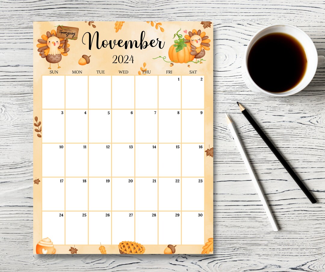 EDITABLE November 2024 Calendar vertical/portrait, Cute Thanksgiving ...