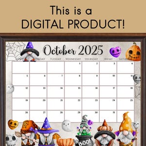 EDITABLE October 2025 Calendar, Spooky Halloween W/cute Gnome ...