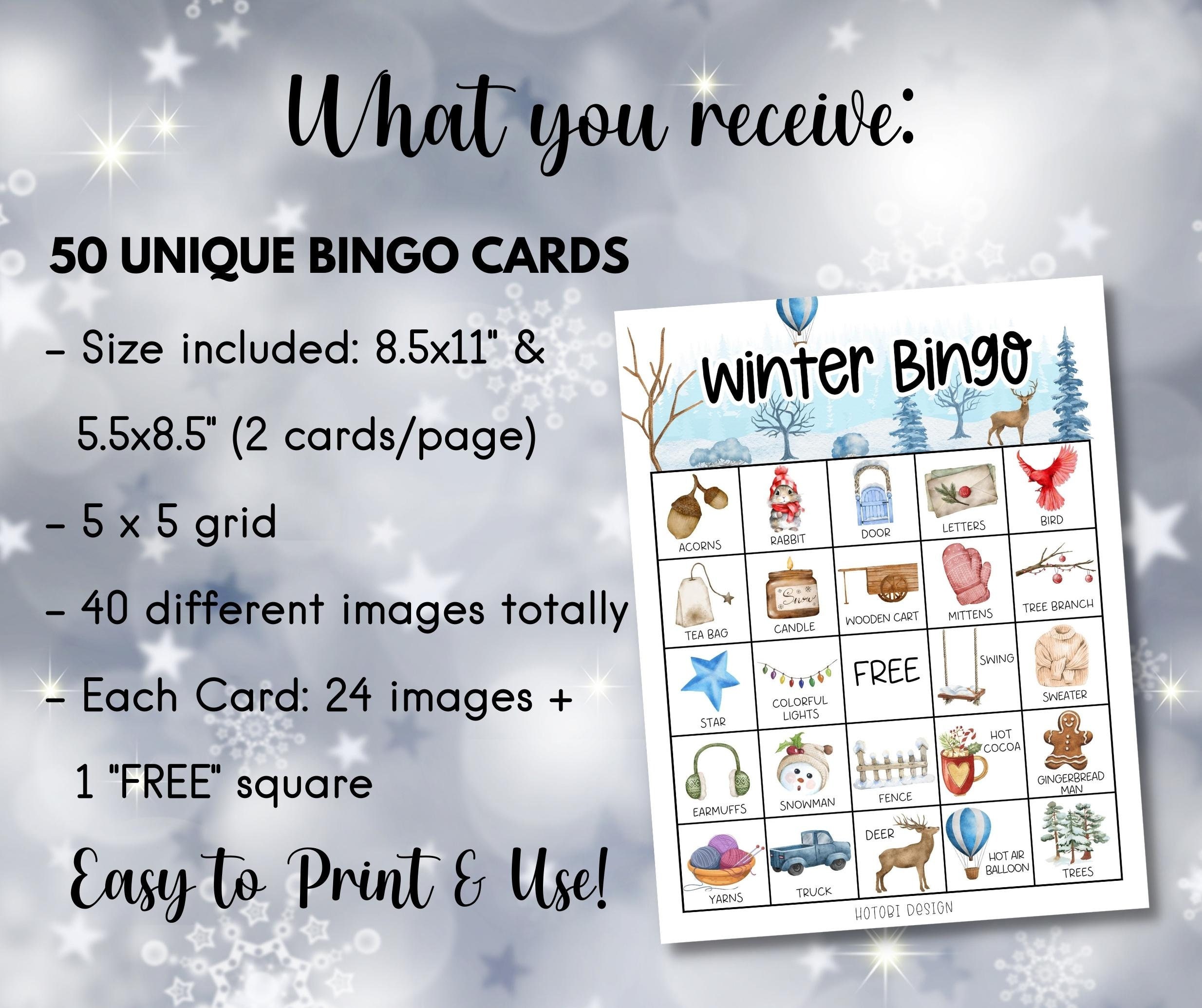 Winter Bingo Game, 50 Unique Bingo Cards, Kids' Winter Activity, Winter ...