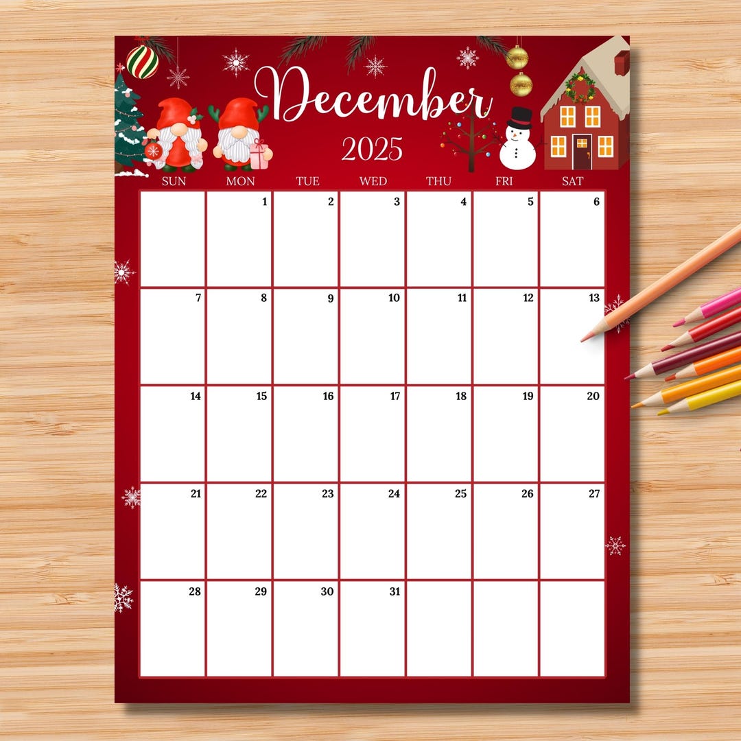 EDITABLE December 2025 Calendar (vertical/portrait), Cute Gnome ...