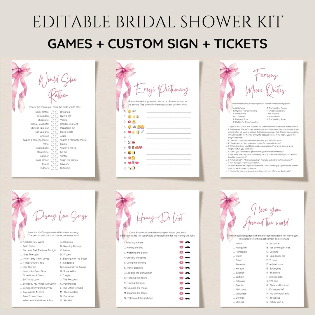 Pink Bow Bridal Shower Game Bundle, She's Tying the Knot, Game Package ...