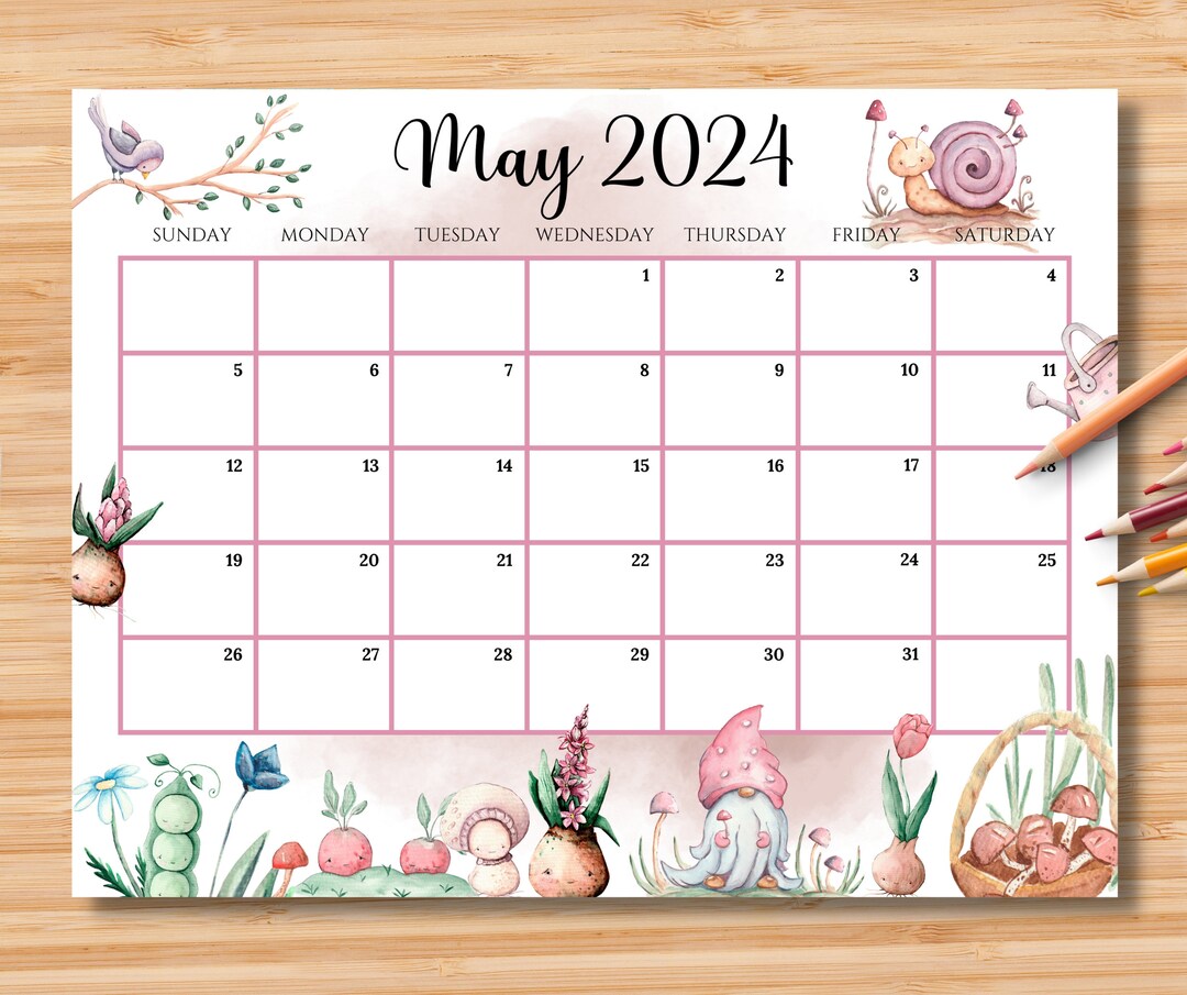 Editable May 2024 Calendar Hello Spring with Cute Gnome & - Etsy 日本