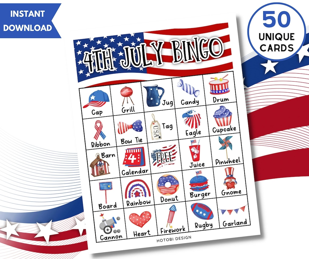 50 Unique 4th of July Bingo Cards, Patriotic Bingo Game, Independence ...