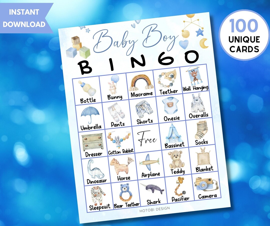 100 Baby Boy Bingo Game Cards, Watercolor Blue Aesthetic, Baby Bingo ...