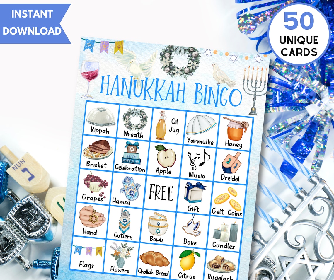 Printable Hanukkah Bingo Game 50 Unique Bingo Cards W/labels - Etsy