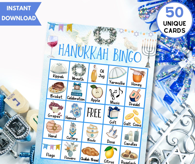 Printable Hanukkah Bingo Game 50 Unique Bingo Cards W/labels - Etsy