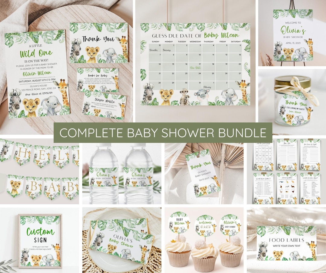 Safari Animal Baby Shower Bundle, Editable Safari Baby Shower ...