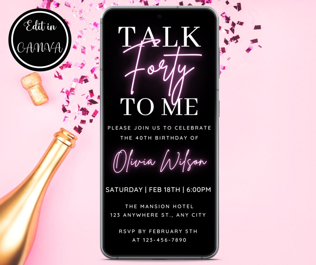 40th Birthday Invitation, Neon Pink Glow Party, Talk Forty to Me, Forty ...