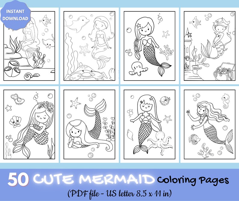 50 Printable Cute Mermaid Coloring Pages for Kids Boys - Etsy