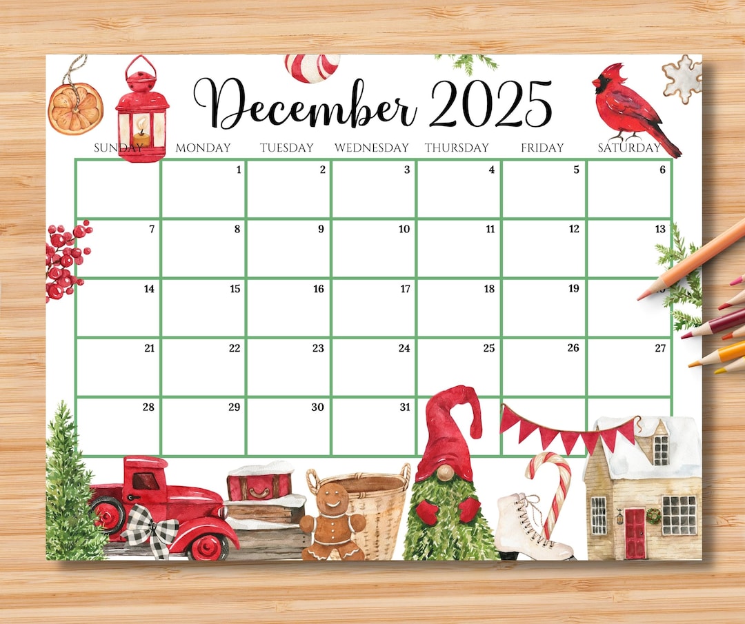 EDITABLE December 2025 Calendar, Colorful Christmas With Cute Gnome ...