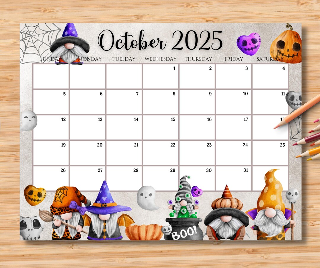 EDITABLE October 2025 Calendar, Spooky Halloween W/cute Gnome ...
