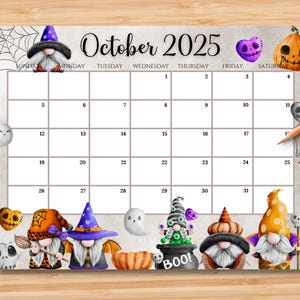 EDITABLE October 2025 Calendar, Spooky Halloween W/cute Gnome ...