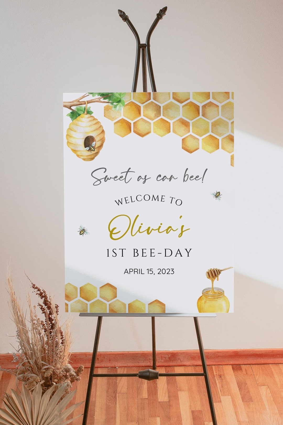 Bee First Birthday Welcome Sign, Sweet as Can Bee Honey Bee 1st ...
