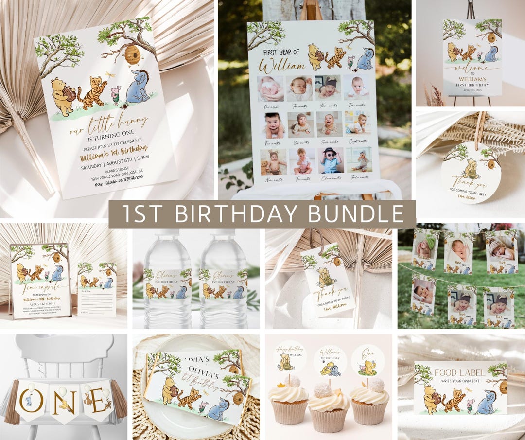 Winnie the Pooh 1st Birthday Bundle, Classic Pooh Bear Birthday Invitation, Pooh 1st Birthday ...