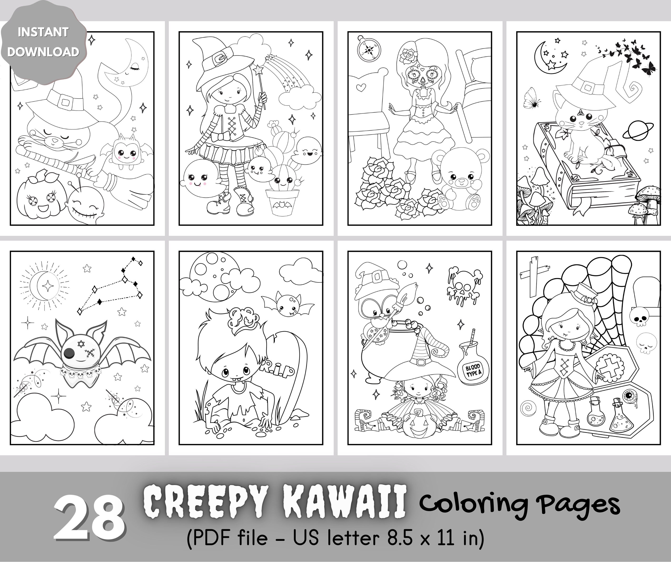 28 Printable Creepy Kawaii Coloring Pages for Kids Teens Adults, Horror ...