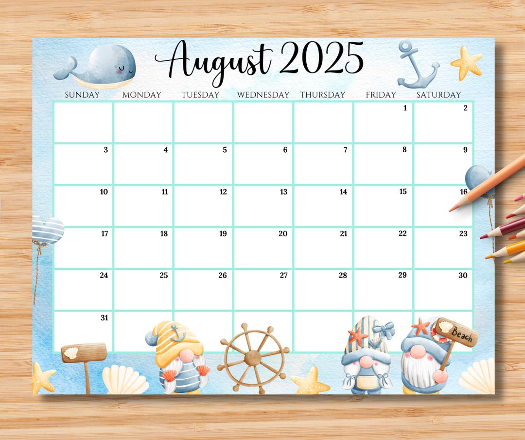 EDITABLE August 2025 Calendar, Joyful Summer With Cute Nautical Gnomes ...