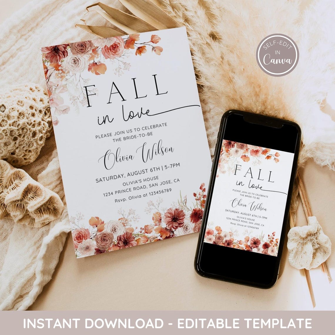 Fall in Love Bridal Shower Invitation Autumn Floral Bridal Shower ...