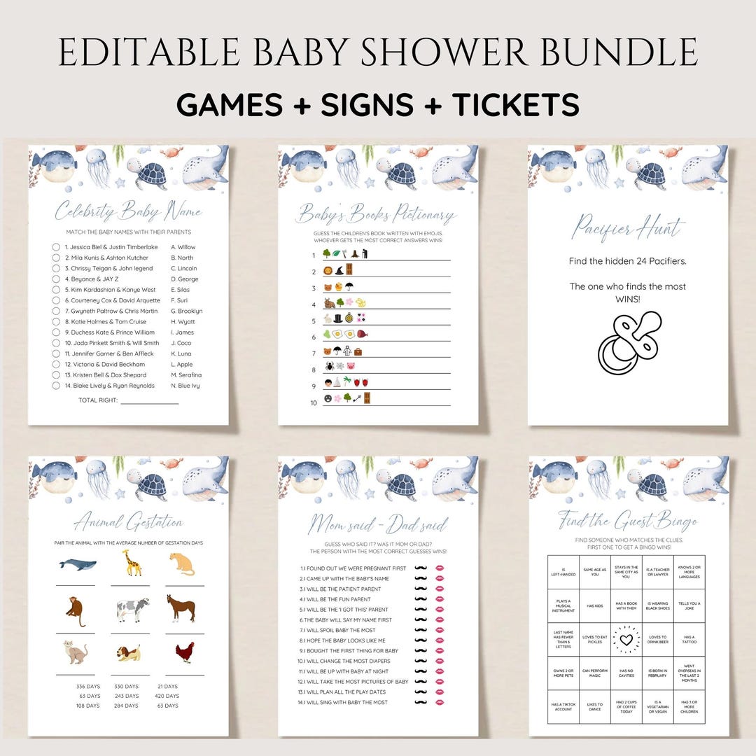 Under the Sea Baby Shower Game Bundle, Ocean Animal Baby Sprinkle Game ...