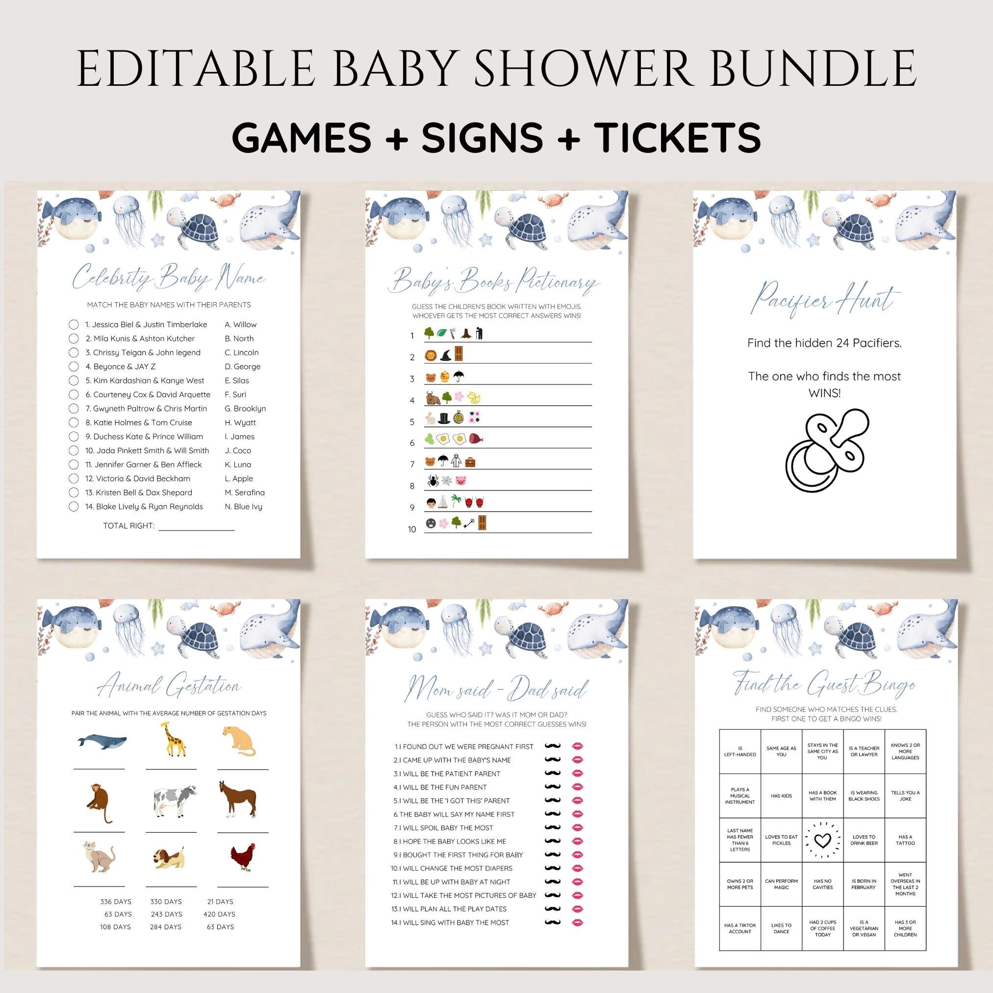 Under the Sea Baby Shower Game Bundle, Ocean Animal Baby Sprinkle Game ...