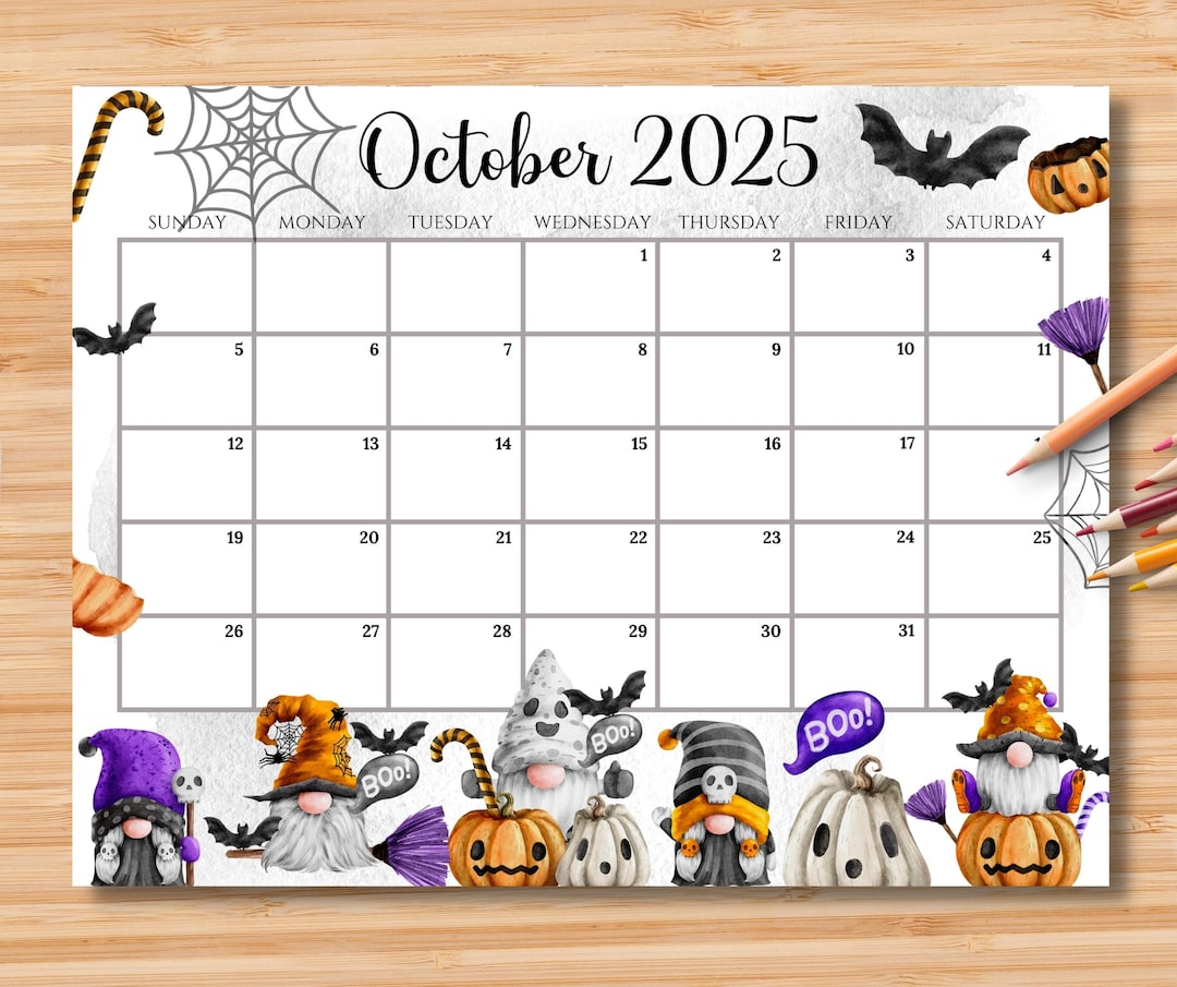 EDITABLE October 2025 Calendar, Spooky Halloween W/ Cute Gnome ...