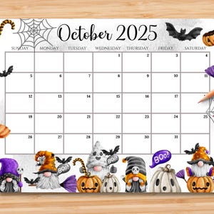 EDITABLE October 2025 Calendar, Spooky Halloween W/ Cute Gnome ...
