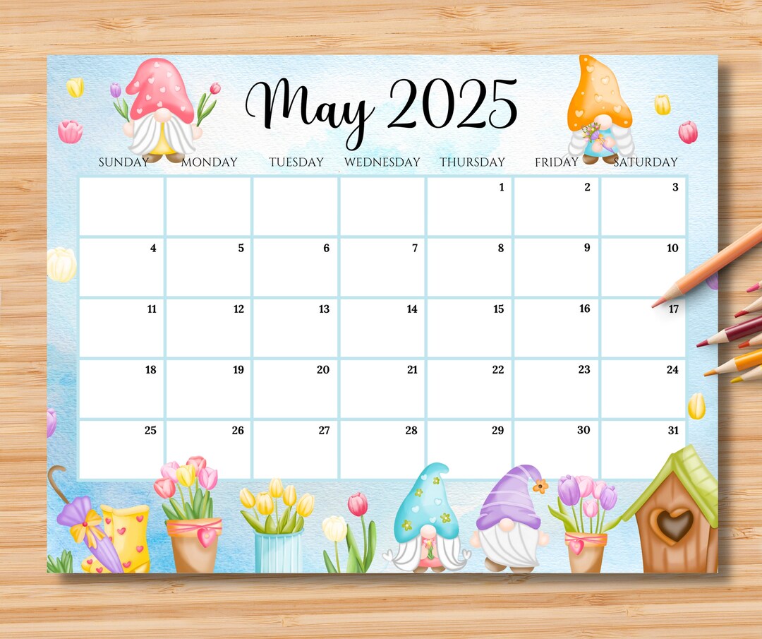 Editable May 2025 Calendar, Hello Spring With Cute Gnomes & Flowers ...
