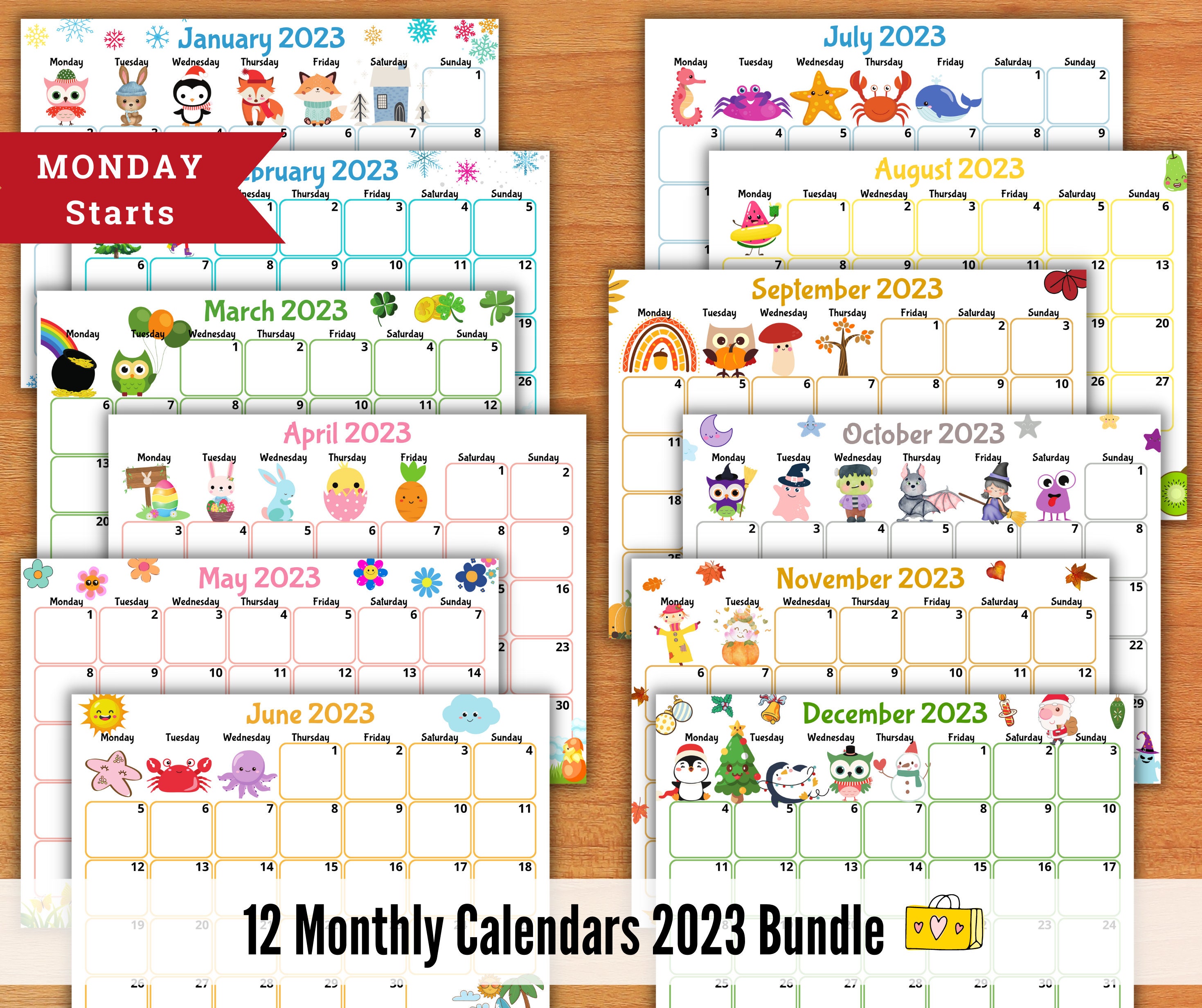 EDITABLE 2023 Calendars monday Starts Cute Monthly Calendar - Etsy ...