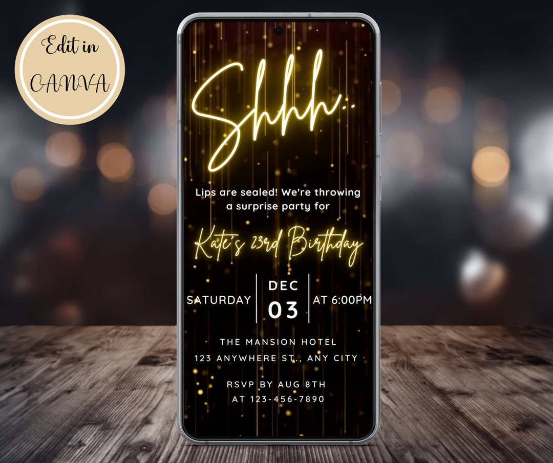Digital Surprise Birthday Invitation, Electronic Black Gold Invitation ...