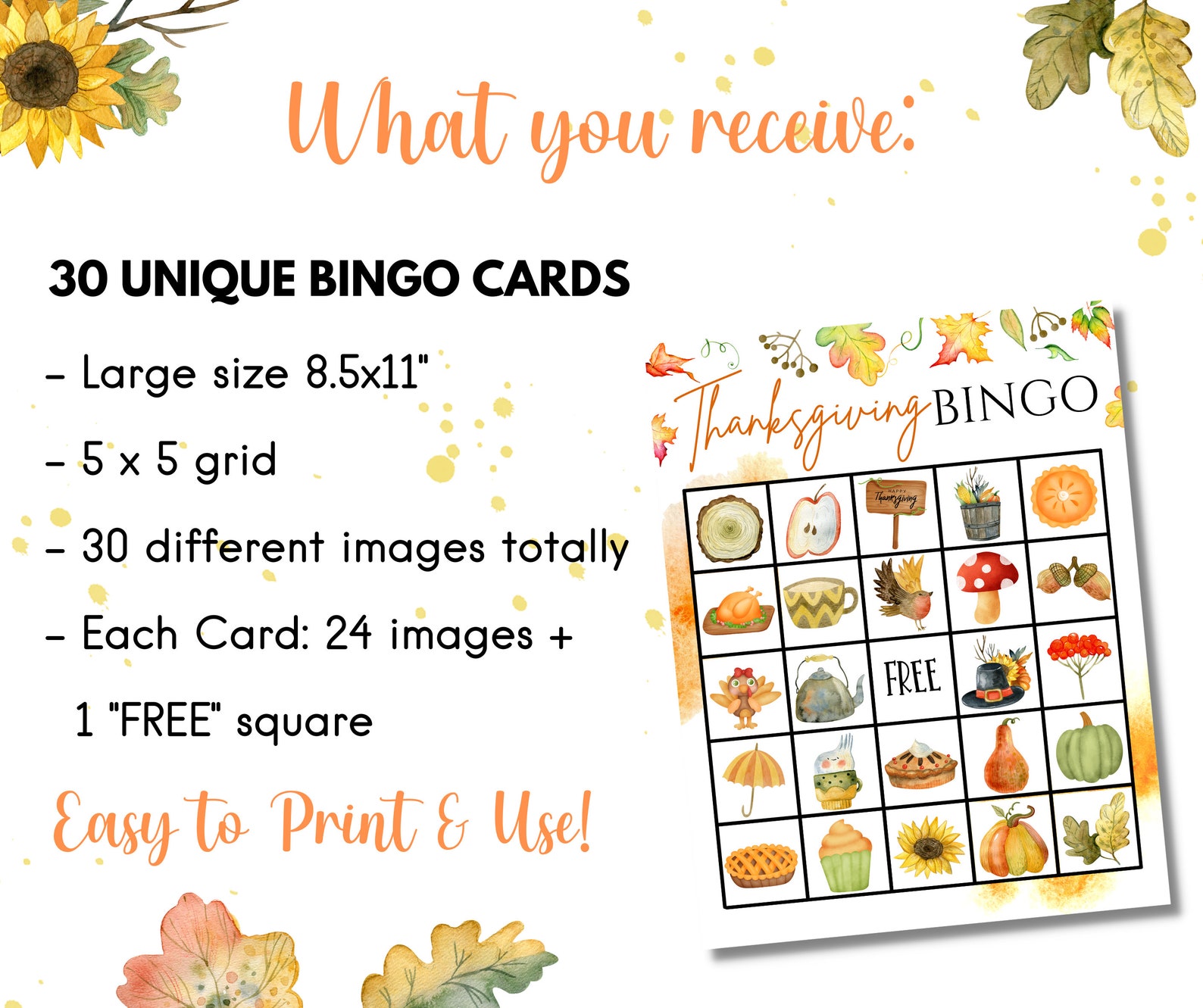 Printable Thanksgiving Bingo, 30 Unique Thanksgiving Bingo Cards, Happy ...