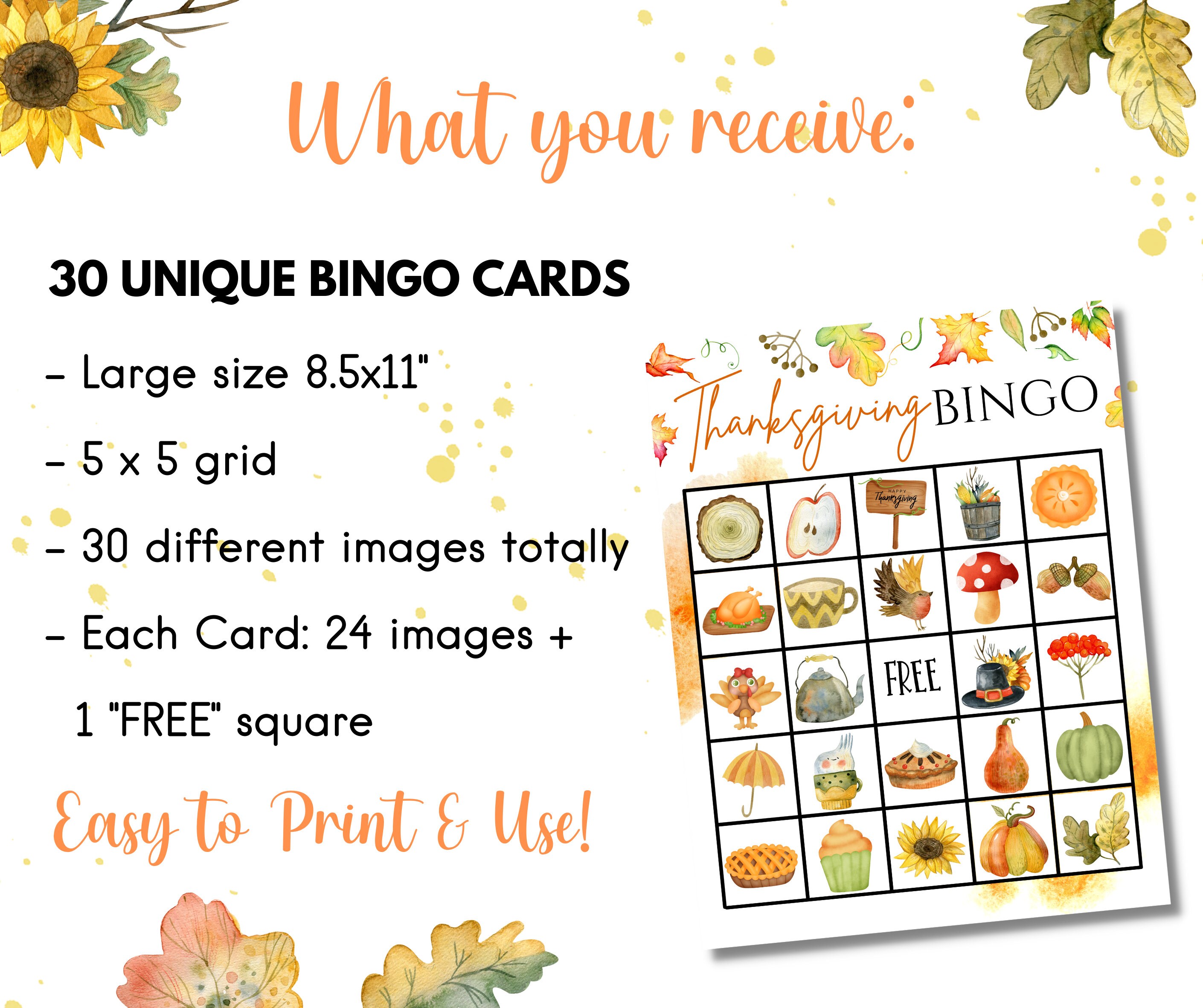 Printable Thanksgiving Bingo 30 Unique Thanksgiving Bingo - Etsy