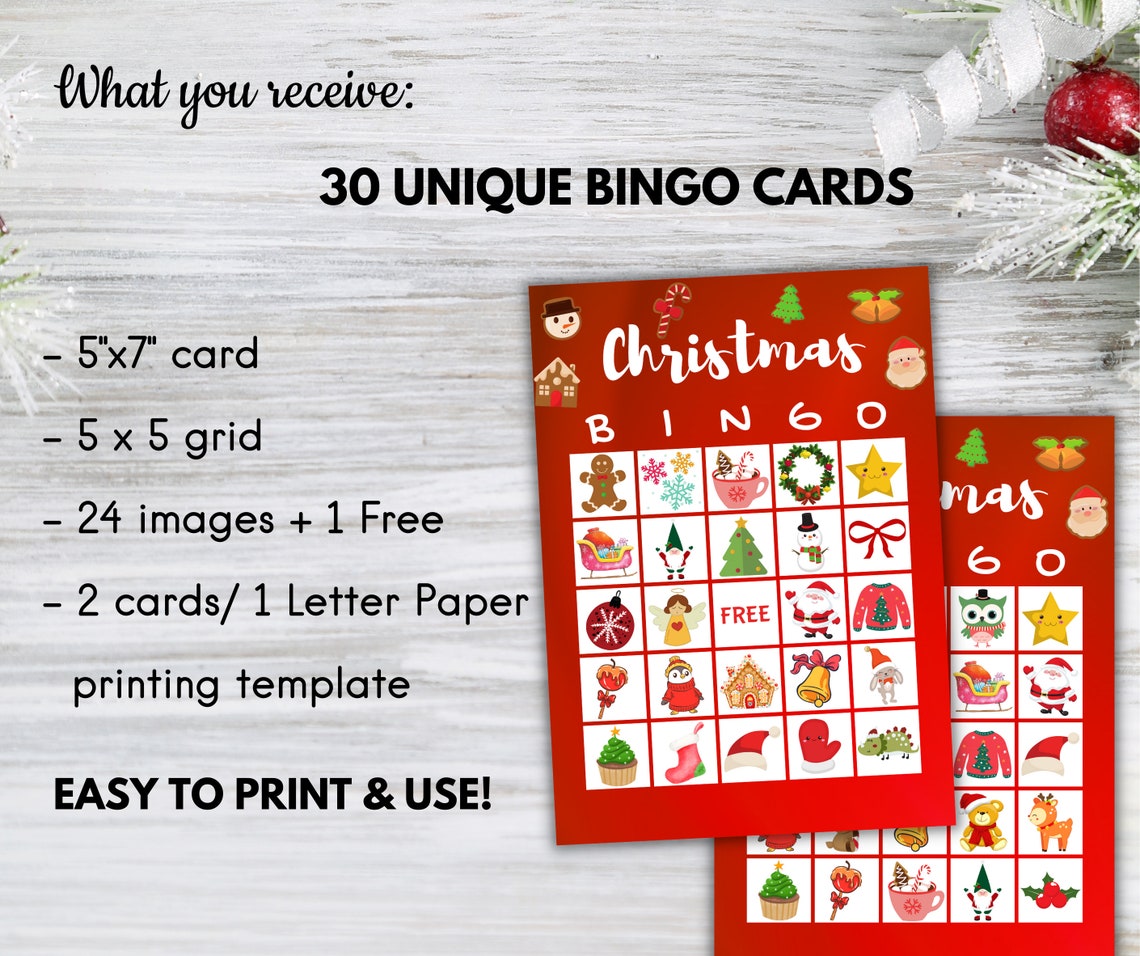 Printable Christmas Bingo 30 Unique Bingo Cards Christmas - Etsy