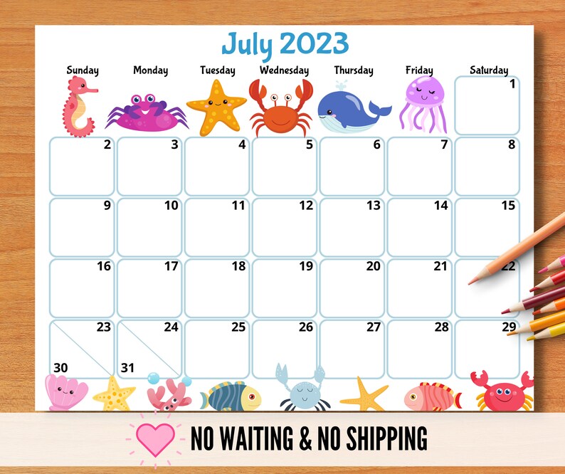 EDITABLE July 2023 Calendar Printable Kids Calendar 2023 Etsy