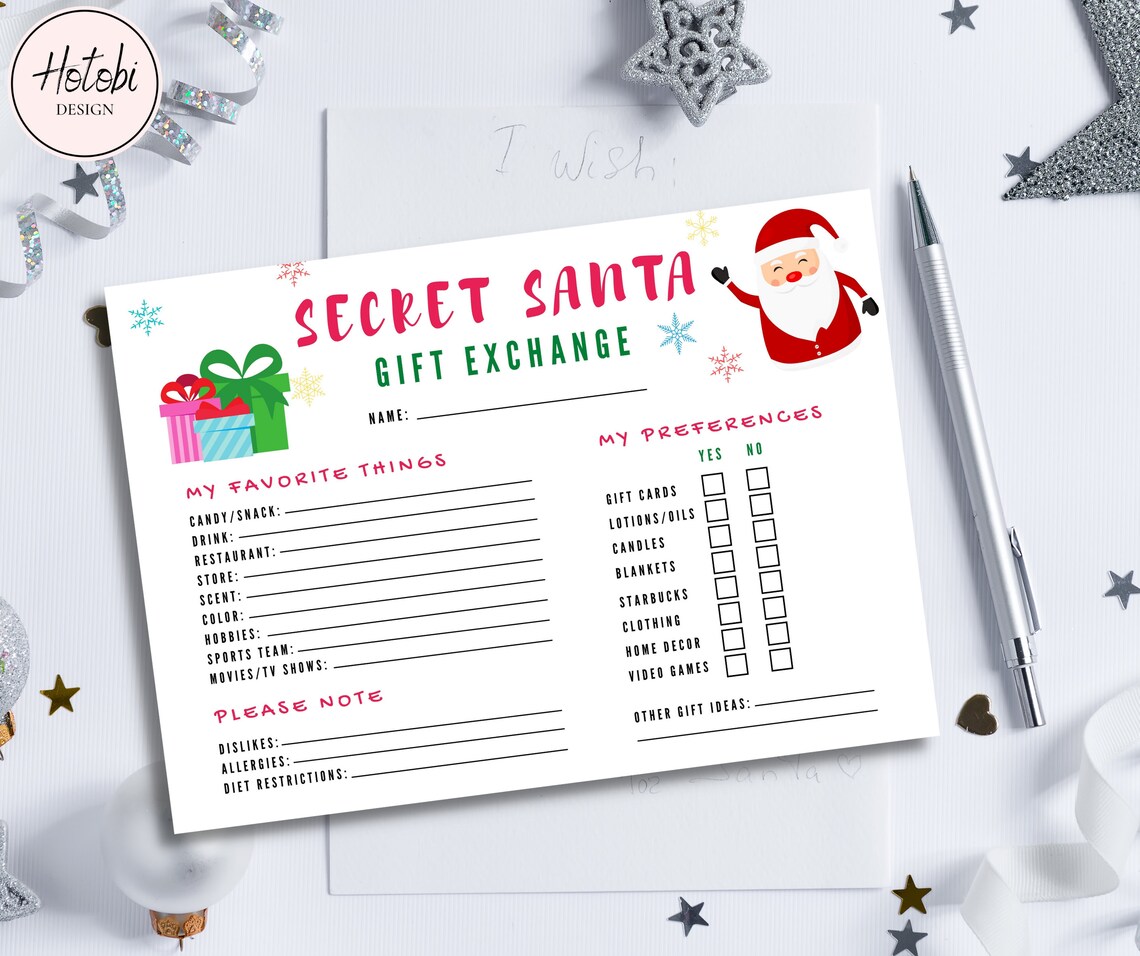 Secret Santa Questionnaire Printable, Secret Santa Form Secret Santa ...